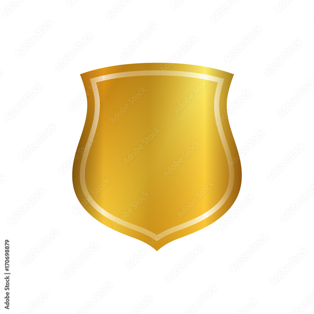 Gold shield shape icon. 3D golden emblem sign isolated on white ...