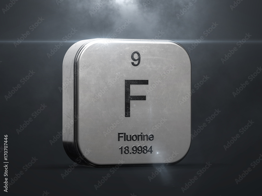 Fluorine element from the periodic table. Metallic icon 3D rendered ...