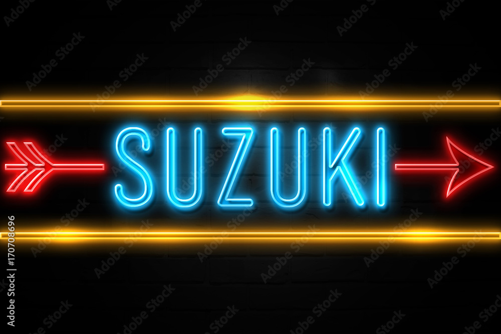 Suzuki - fluorescent Neon Sign on brickwall Front view Stock ...