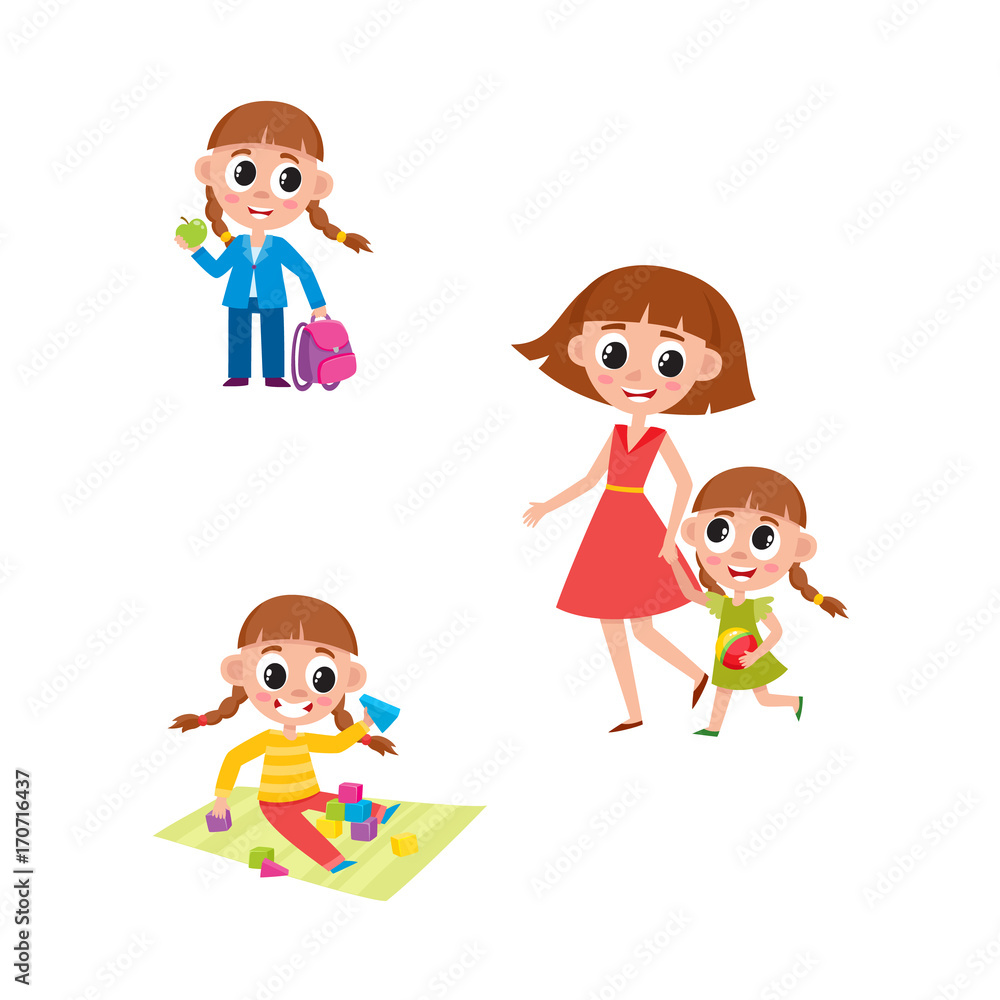 Set of little girl daily activities, going to school, playing, walking ...