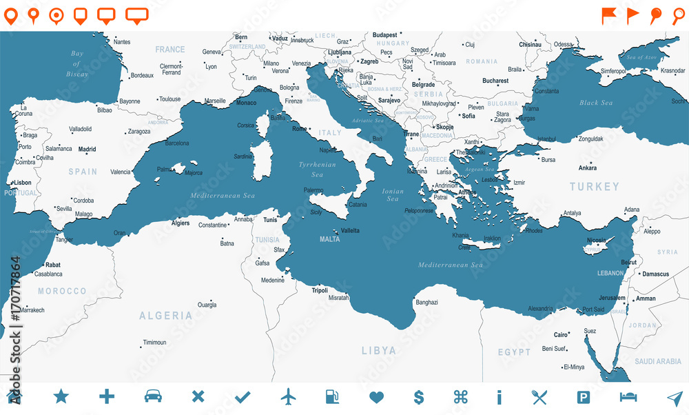 Mediterranean sea Map - Vector Illustration Stock Vector | Adobe Stock