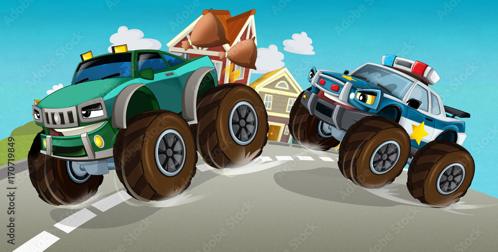 cartoon off road car chase with police - illustration for children ...