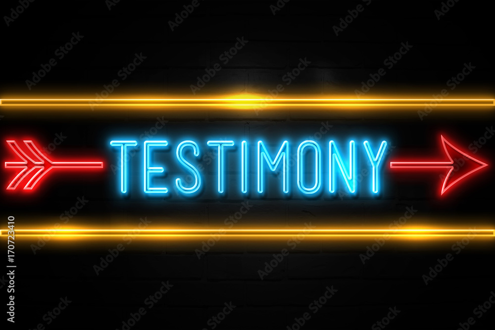 Testimony - fluorescent Neon Sign on brickwall Front view Stock ...