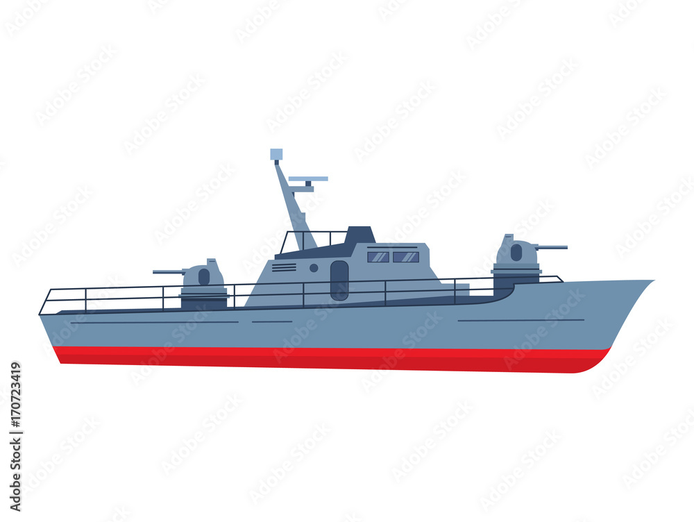 The military boat in flat style battleship.Modern fighting patrol ship ...