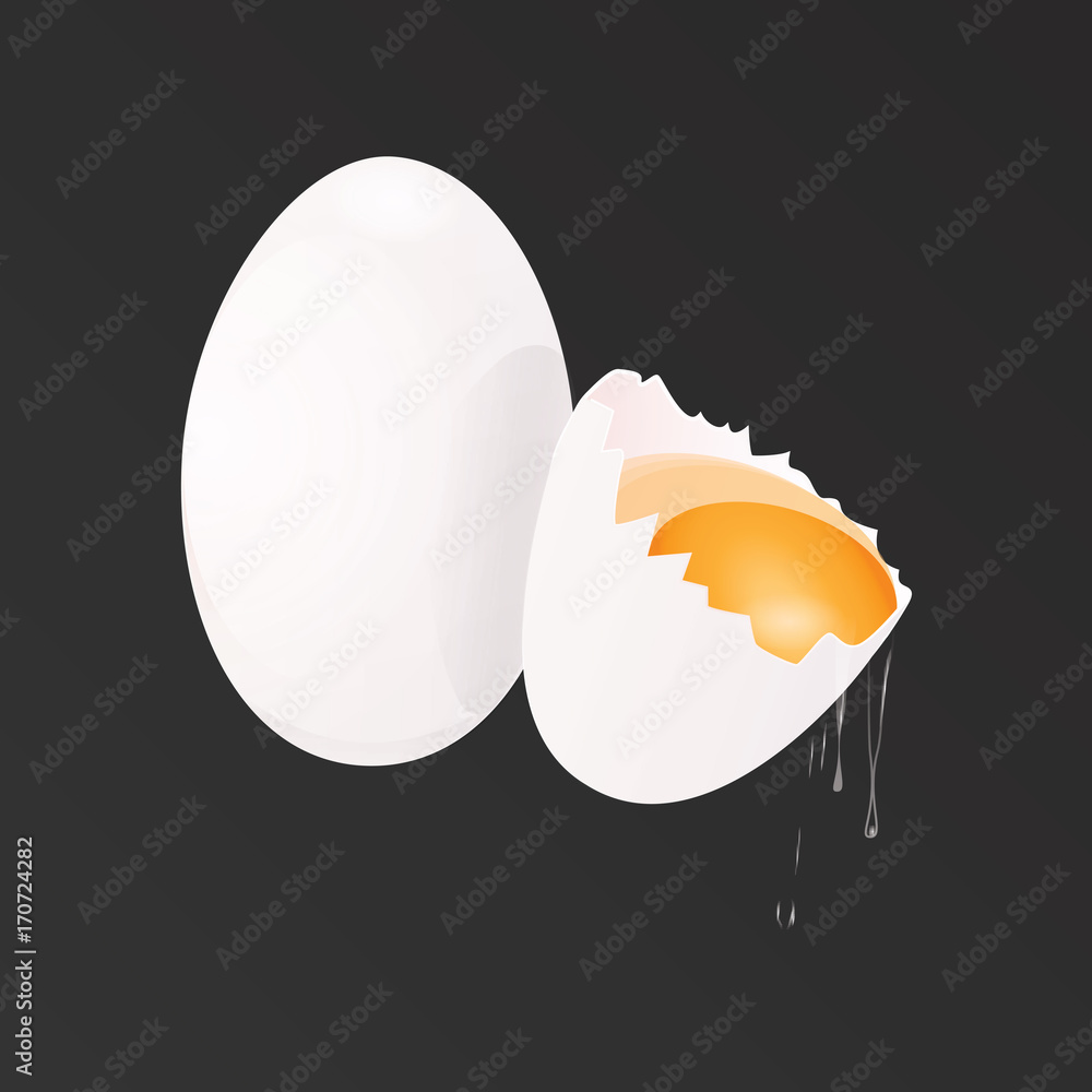 The egg is whole and broken with yolk and dripping protein - on a black ...