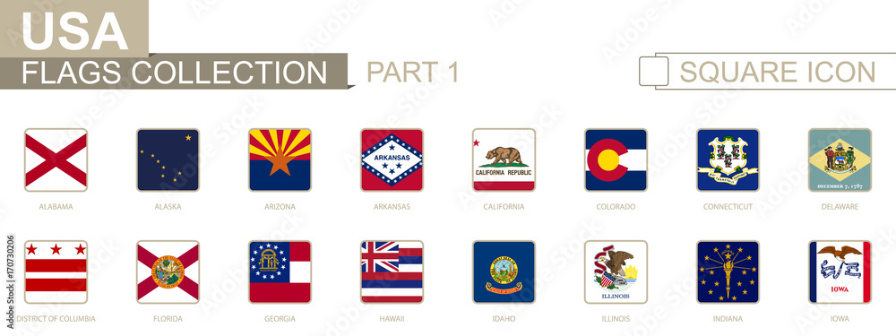 Square flags of US States. Part I from Alabama to Iowa. Stock Vector ...