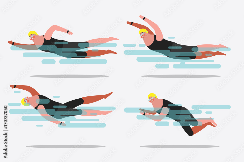 Cartoon character design illustration. Show various swimming postures ...