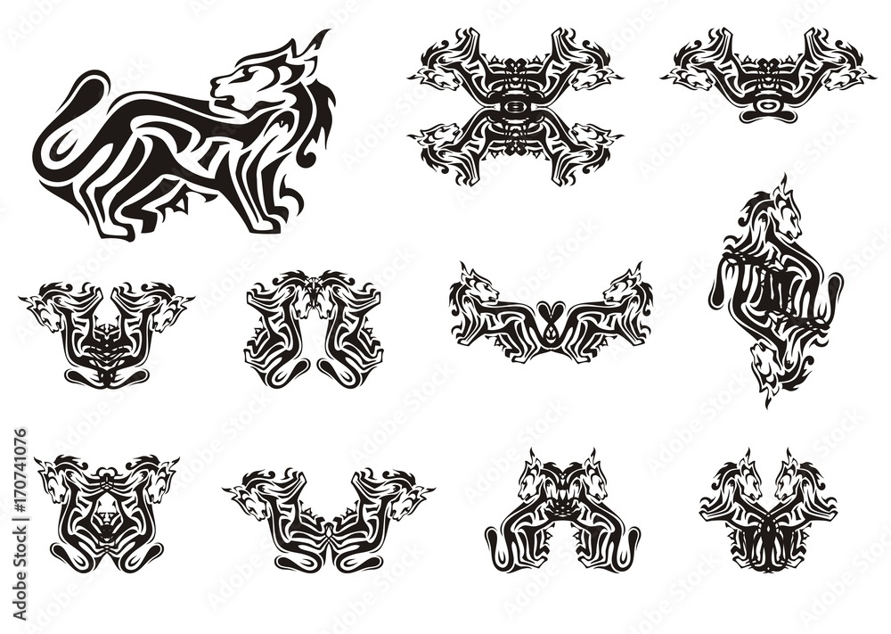 Decorative cat symbols. Silhouette of the stylized black cat and the ...