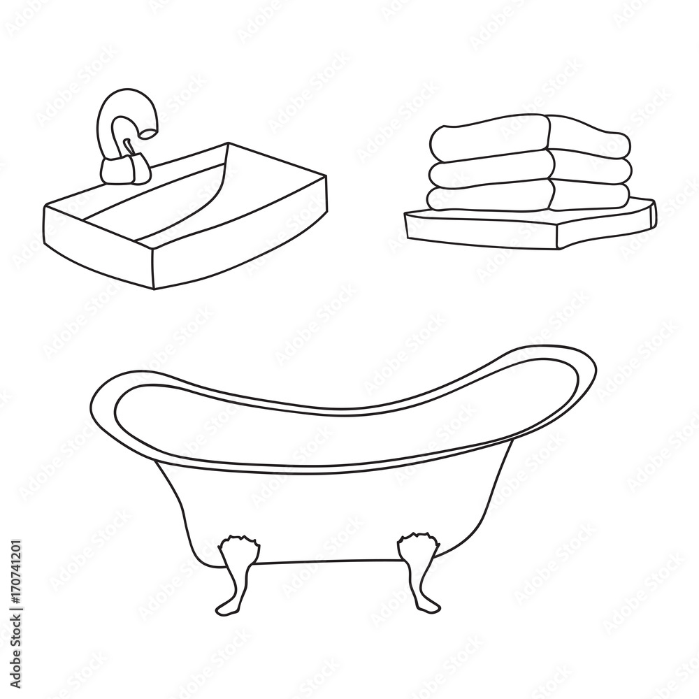 Bathroom interior set. Vintage bath tube, sink with a water tap, folded ...