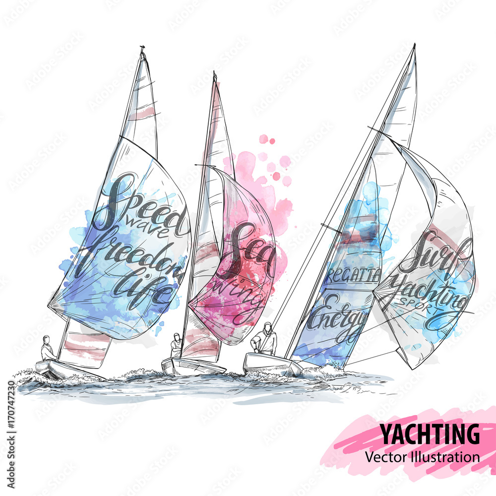 Hand sketch of sailing yachts regatta. Races in the sea. Vector sport ...