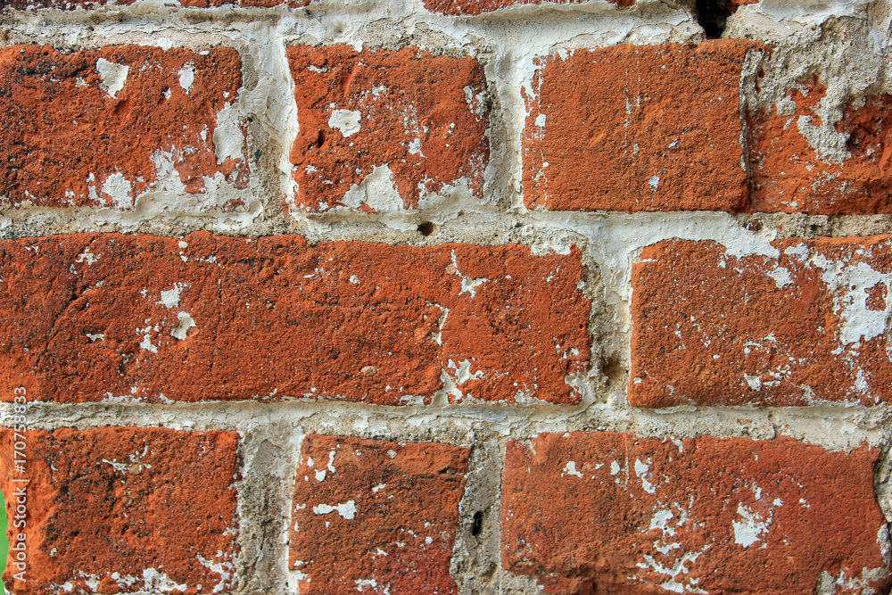 high quality texture of oldest red brick masonry with white cement ...