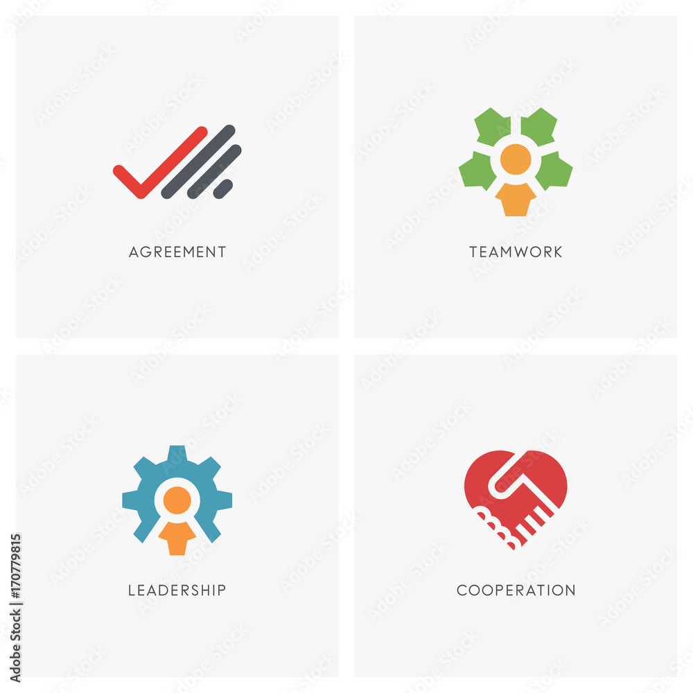 Teamwork logo set. Palm with checkmark, head with colleagues and gear ...