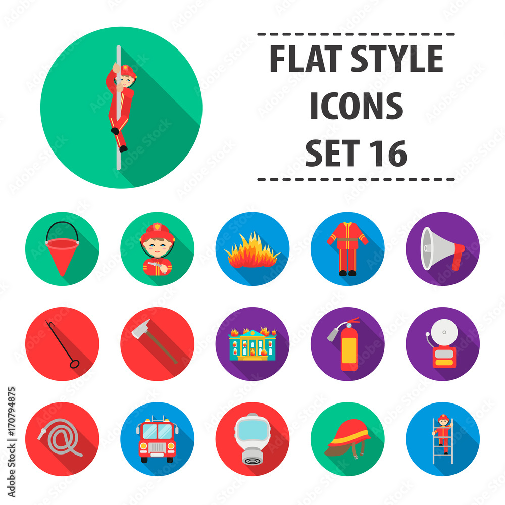 Fire department set icons in flat style. Big collection fire department ...