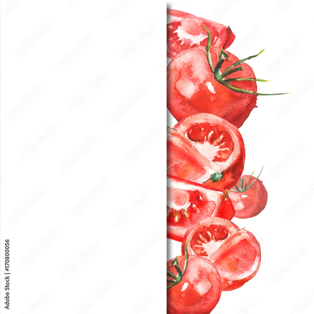 Watercolor card, postcard, invitation with a picture of a tomato. Red ...