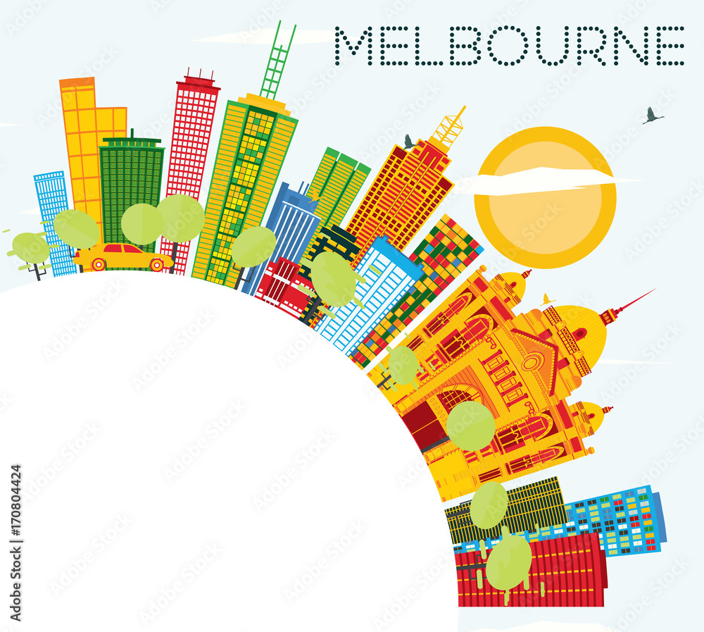 Melbourne Skyline with Color Buildings, Blue Sky and Copy Space. Stock ...