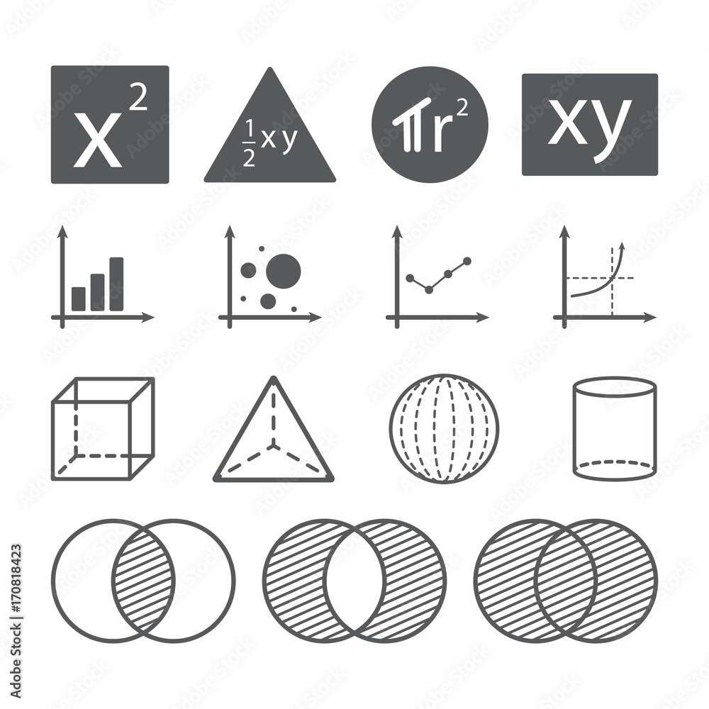 math icon concept, area square triangle circle rectangle, chart graph ...