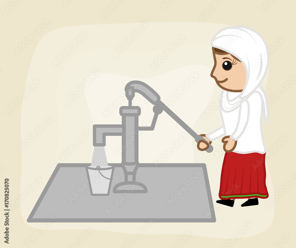 Cartoon indian Woman with Hand Pump Vector Illustration Stock Vector ...
