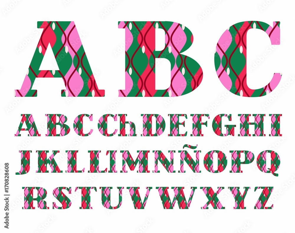 Spanish alphabet, decorative, geometric pattern, green-red, vector ...