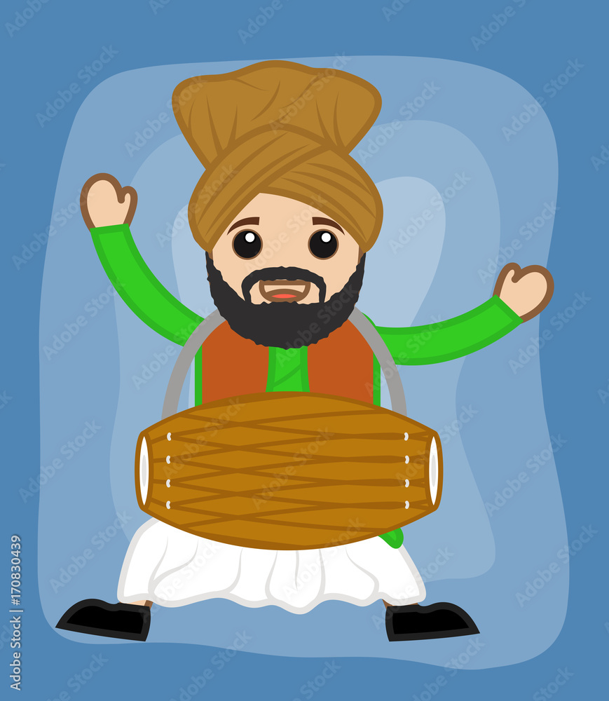 Dancing Cartoon Sardar with Dhol Stock Vector | Adobe Stock