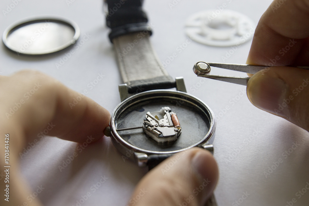 Replacing the battery in a wristwatch, watch repair Stock Photo | Adobe ...