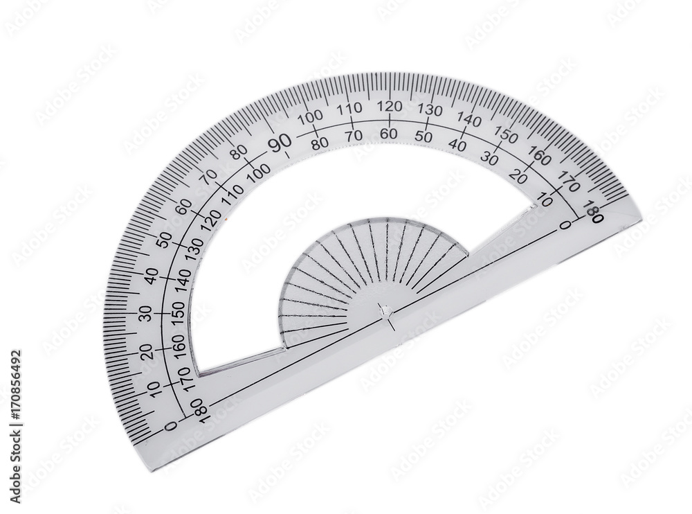 Plastic ruler, protractor triangle isolated on white background Stock ...