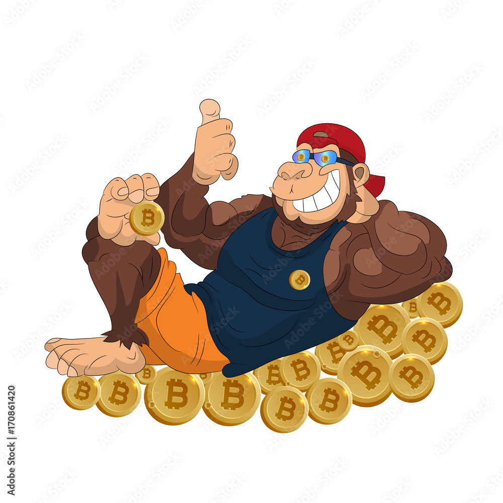Monkey gorilla lies on coins bitcoin, shows thumbs up, cartoon on white ...
