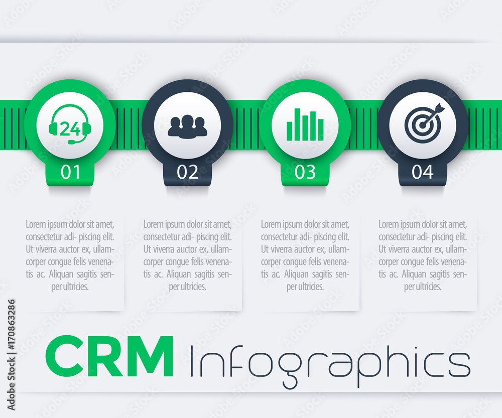 CRM infographic elements, 1, 2, 3, 4 steps, timeline, report, in green ...