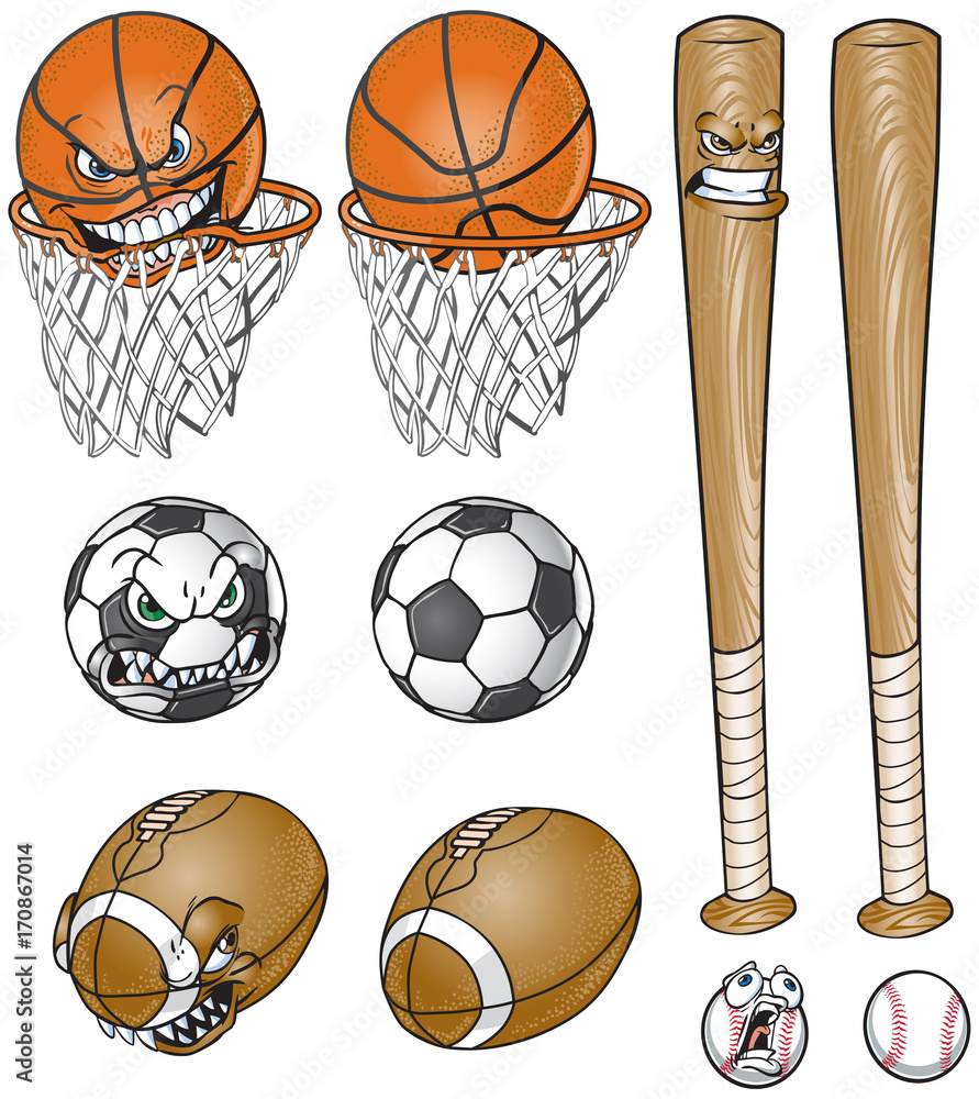 Cartoon Sports Equipment Set With and Without Faces Stock Vector ...
