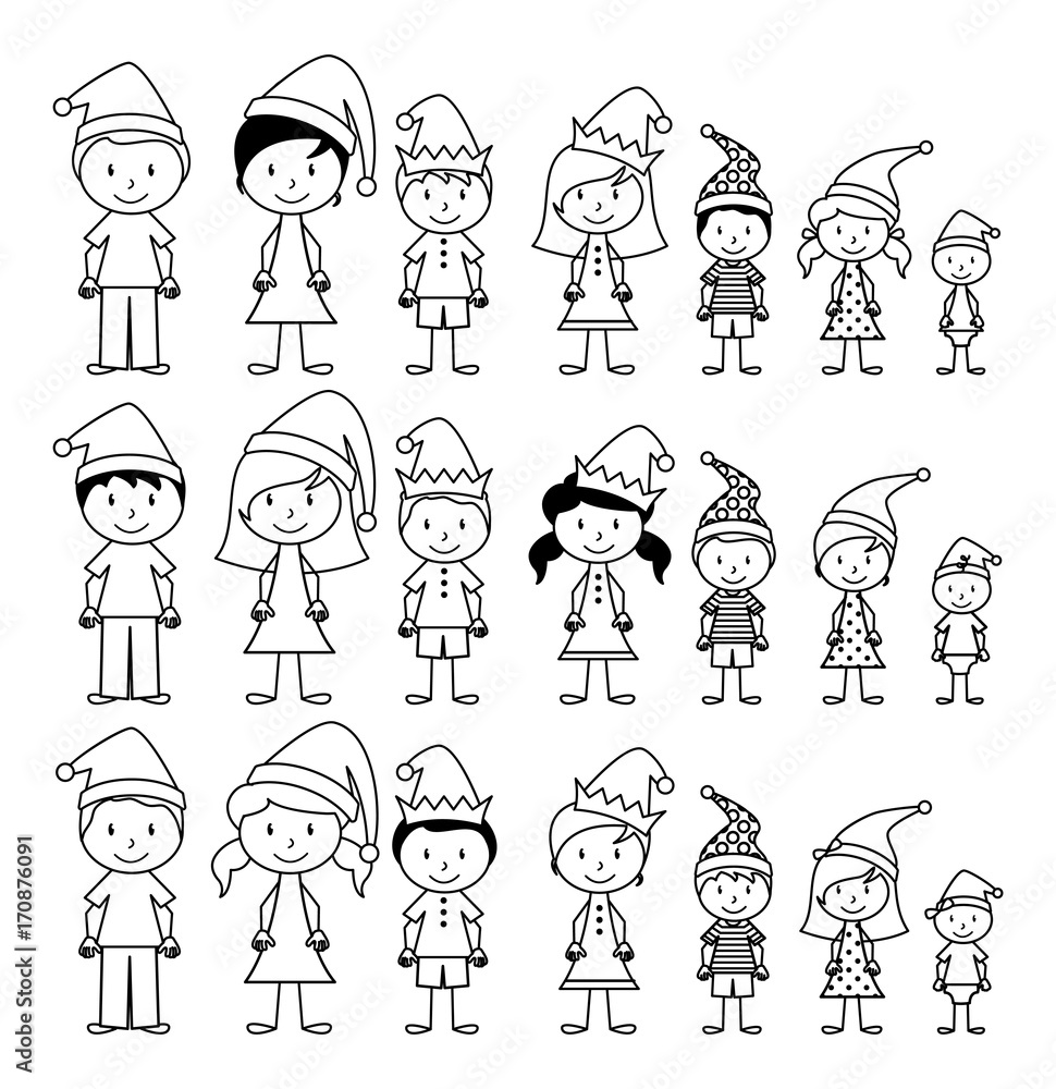 Vector Collection of Line Art Christmas or Holiday Themed Stick Figures ...