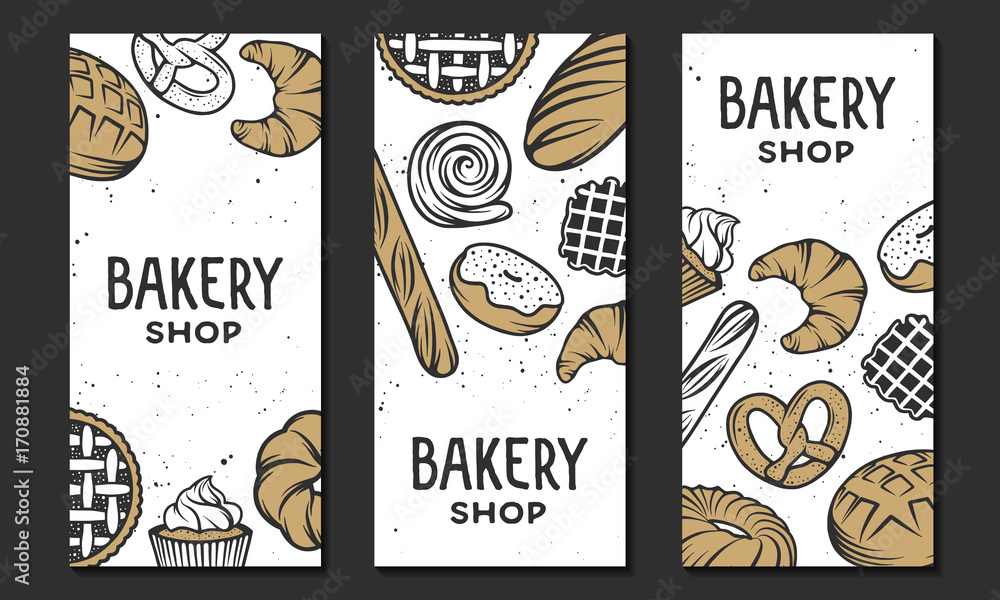 Set of vector bakery engraved elements. Typography design with bread ...