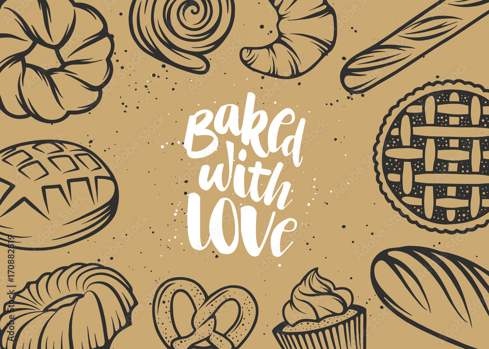 Set of vector bakery elements and handwritten lettering. Hand drawn typography design with bread ...