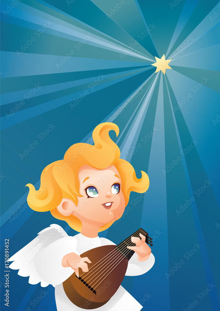 luteist angel musician flying on a night sky making music on lute to a ...