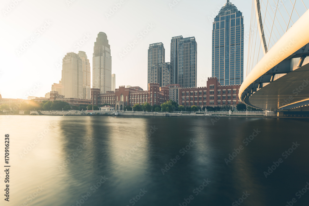 Tianjin Hai river waterfront downtown skyline with Dagu bridge,China ...