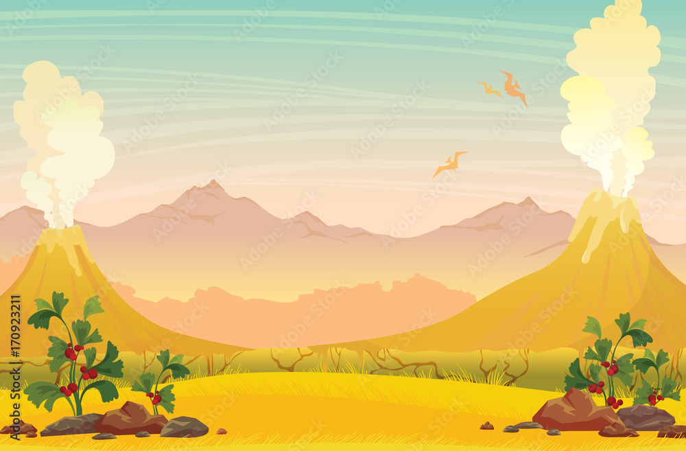 Prehistoric nature landscape - volcanoes, pterodactyls and mountains ...