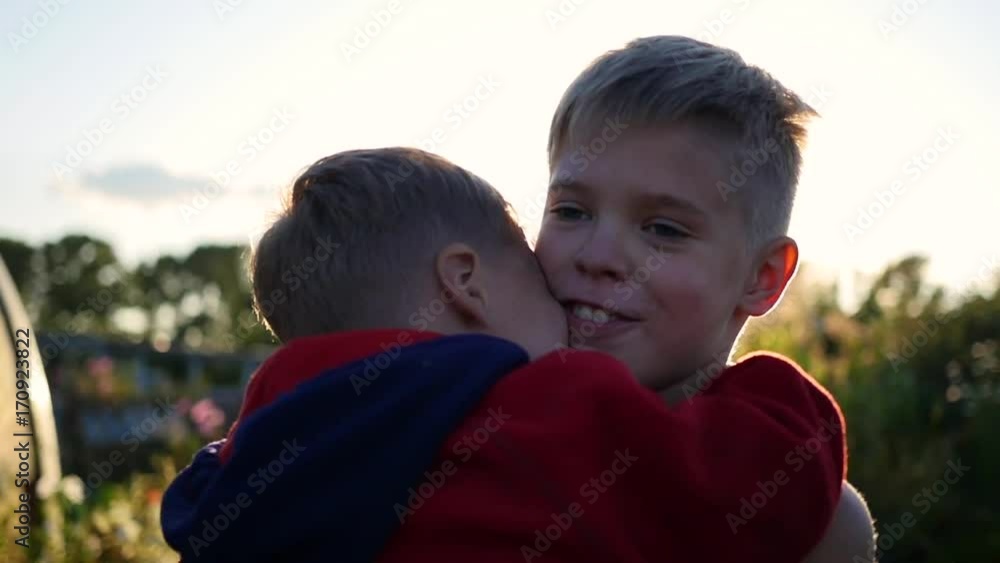 Little baby tenderly hugging and kissing his older brother. boy hugging ...