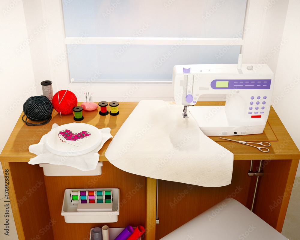 Workplace. Still life with a sewing machine, embroidery, details and ...