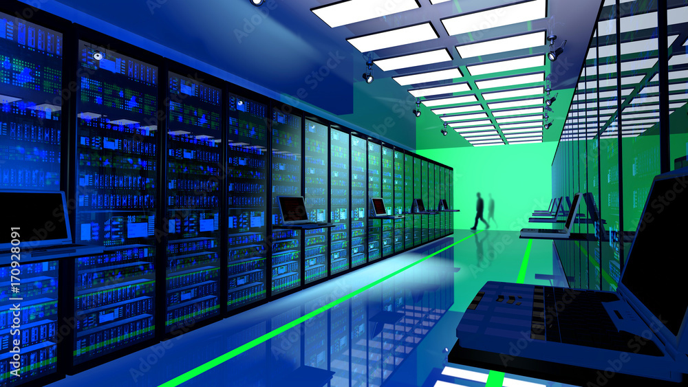 Terminal monitor in server room with server racks in datacenter Stock ...