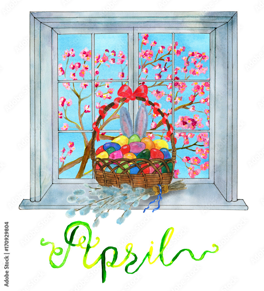 April month concept. Colorful eggs and rabbit ears on Easter ...