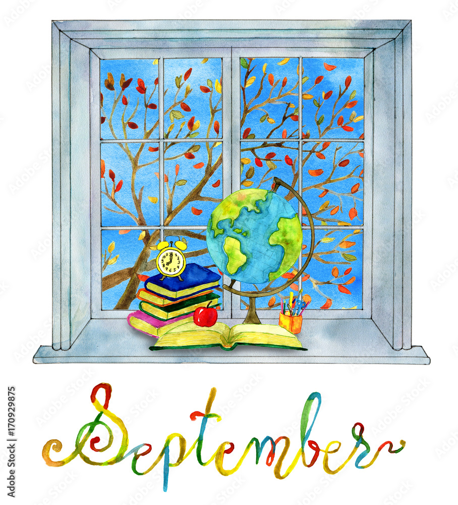 September month concept. Knowledges theme background with books, clock ...