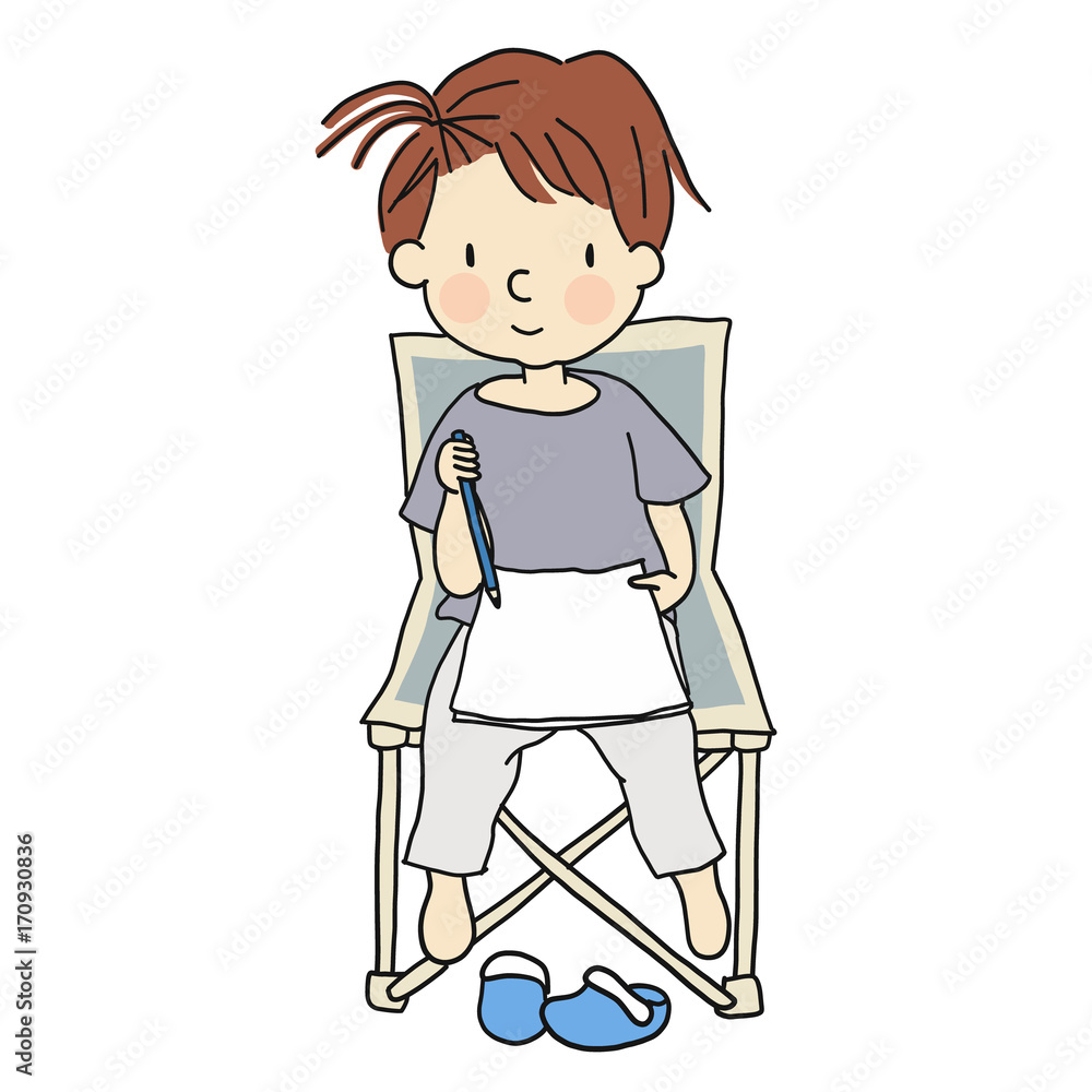 Vector illustration of little cute kid sitting on folding chair and ...