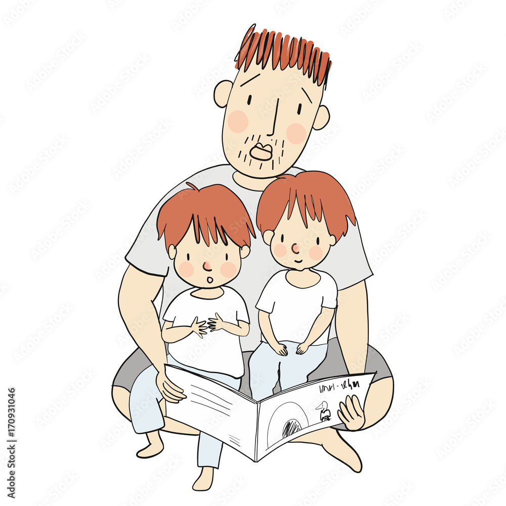 Vector illustration of dad reading children book with his little kids ...