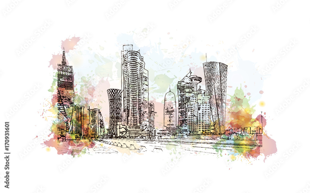 Watercolor sketch of Doha Qatar in vector illustration. Stock Vector ...