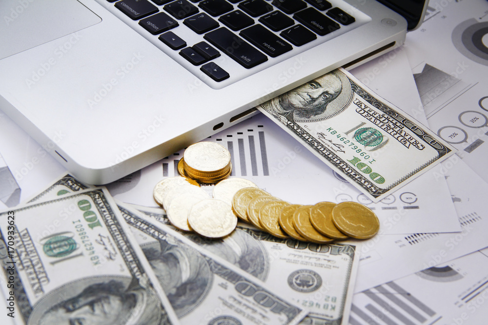 Finance concecpt - money, chart, coin, banknote, keyboard, fin tech ...