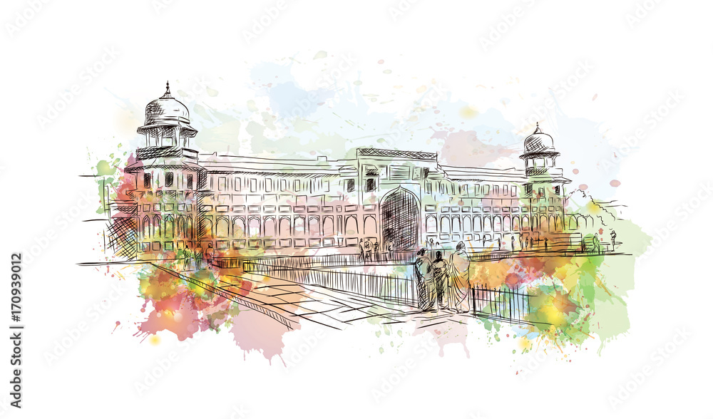 Watercolor sketch of Agra Fort India in vector illustration. Stock ...