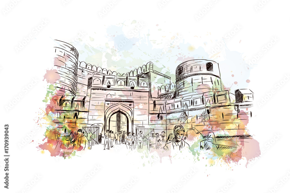 Watercolor sketch of Agra fort India in vector illustration. Stock ...