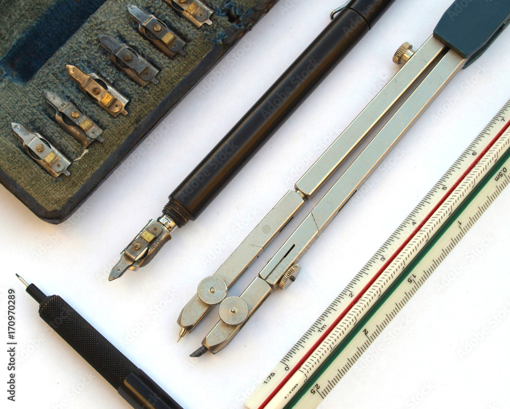 vintage technical drawing tools: mechanical pencil, scalemeter, compas ...