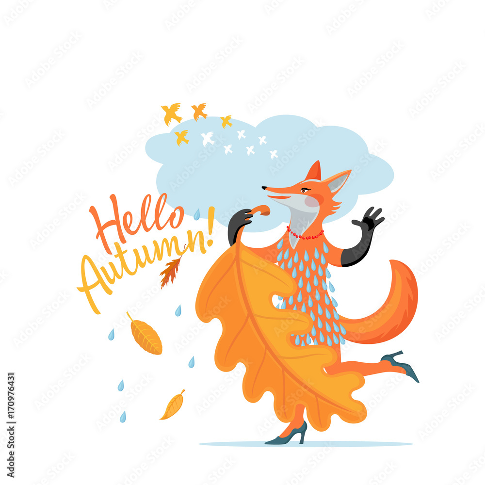 Color cartoon drawing - cute wild fox female celebrate coming of autumn ...