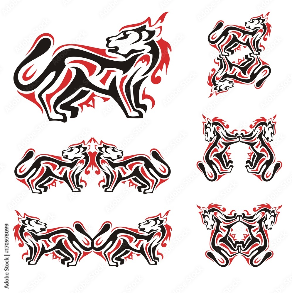 Cat symbols in red and black tones. Silhouette of the stylized cat and ...