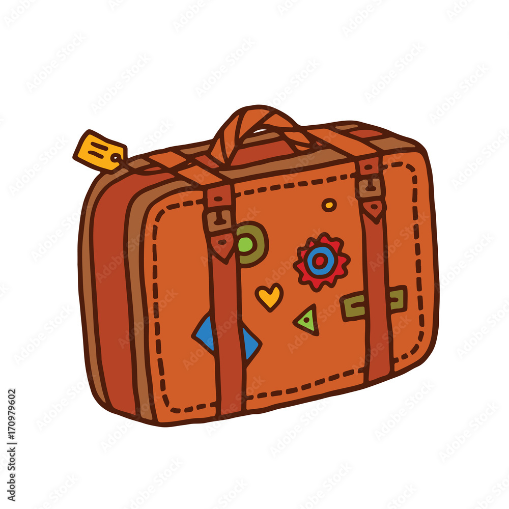 Cartoon Leather Suitcase With Travel Stickers Stock Vector | Adobe Stock