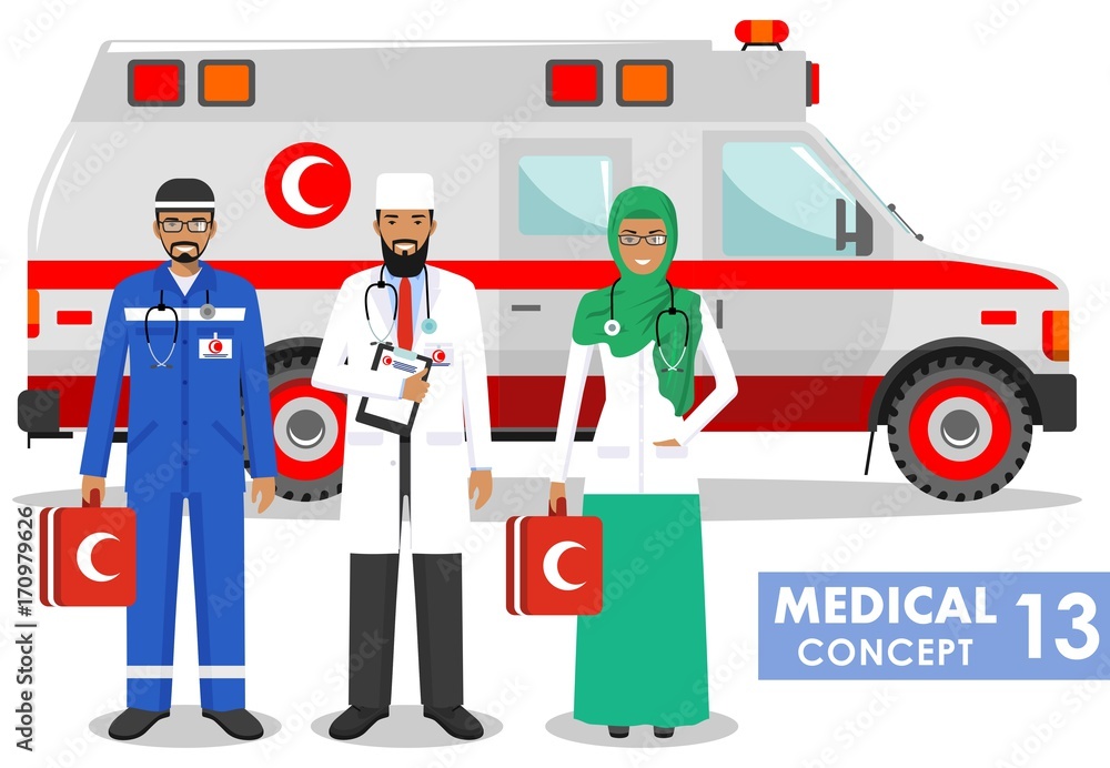 Medical concept. Detailed illustration of muslim paramedic man ...